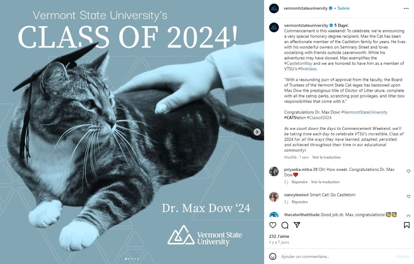 Vermont State University : Max, le chat Docteur en Littérature - Les ...